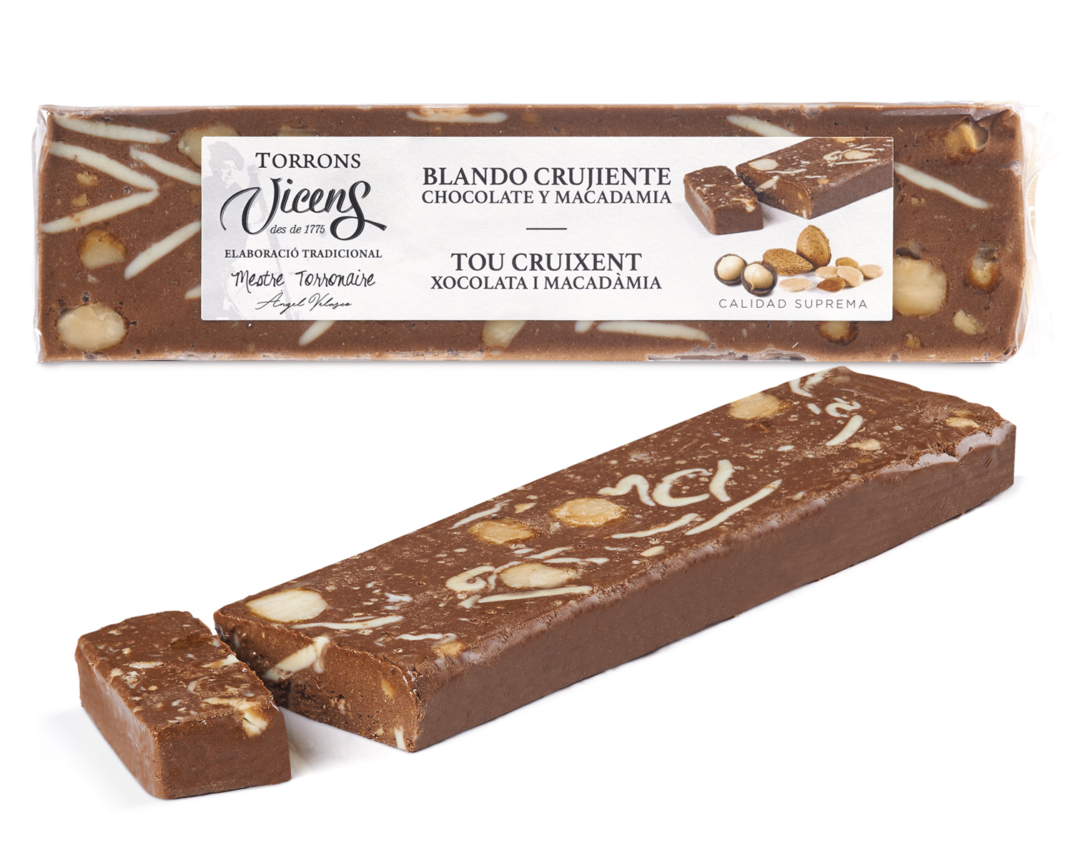 Turrón crujiente de almendra con chocolate blanco y macadamia 300g